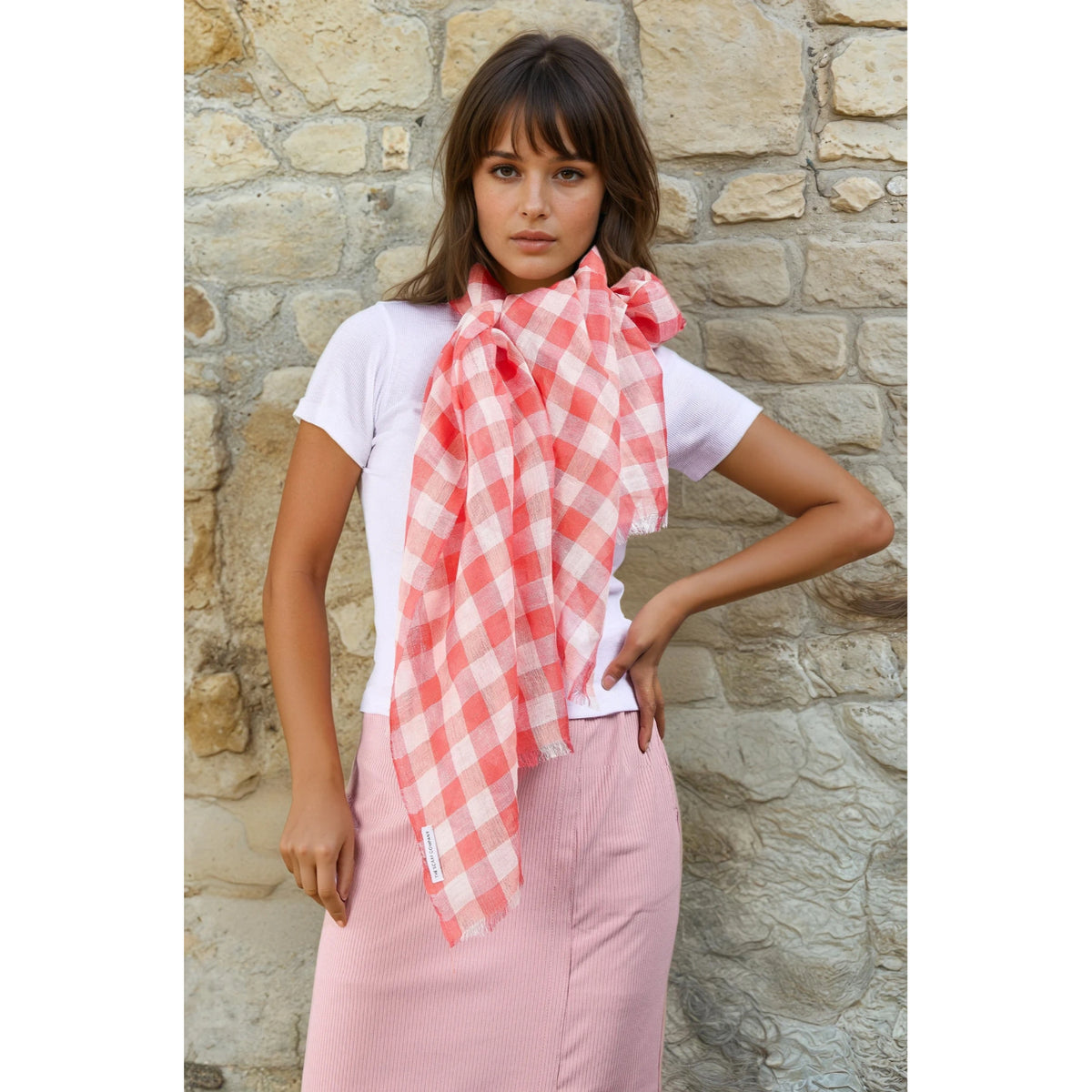 Buy Dina Check Linen Scarf in Coral Online at Competitive Price in ...